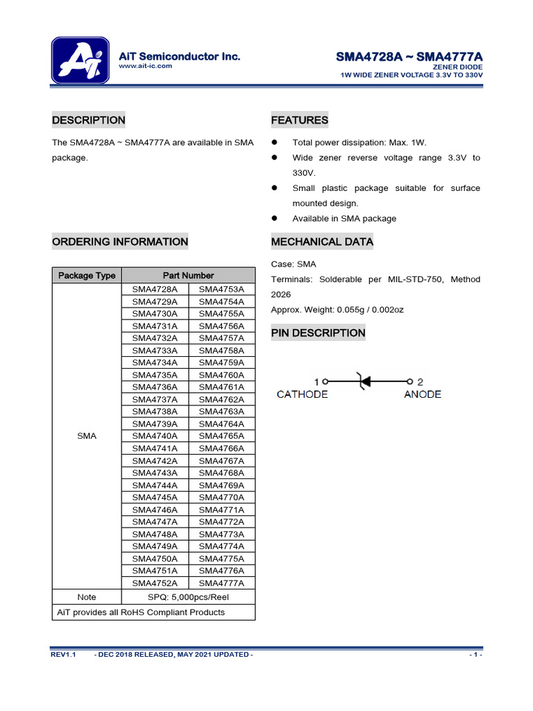 SMA4747A-AiT Semiconductor | PDF | Diode | Electrical Resistance And Conductance
