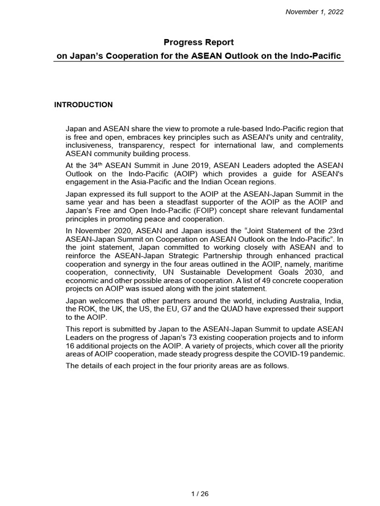 Progress Report On Japan's Cooperation For The ASEAN Outlook On The ...