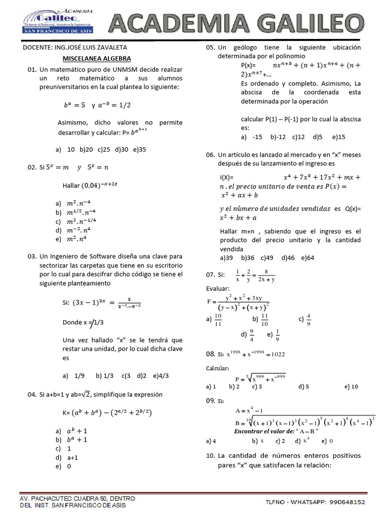 Miscelanea Algebra | PDF | Aritmética | Conceptos matemáticos