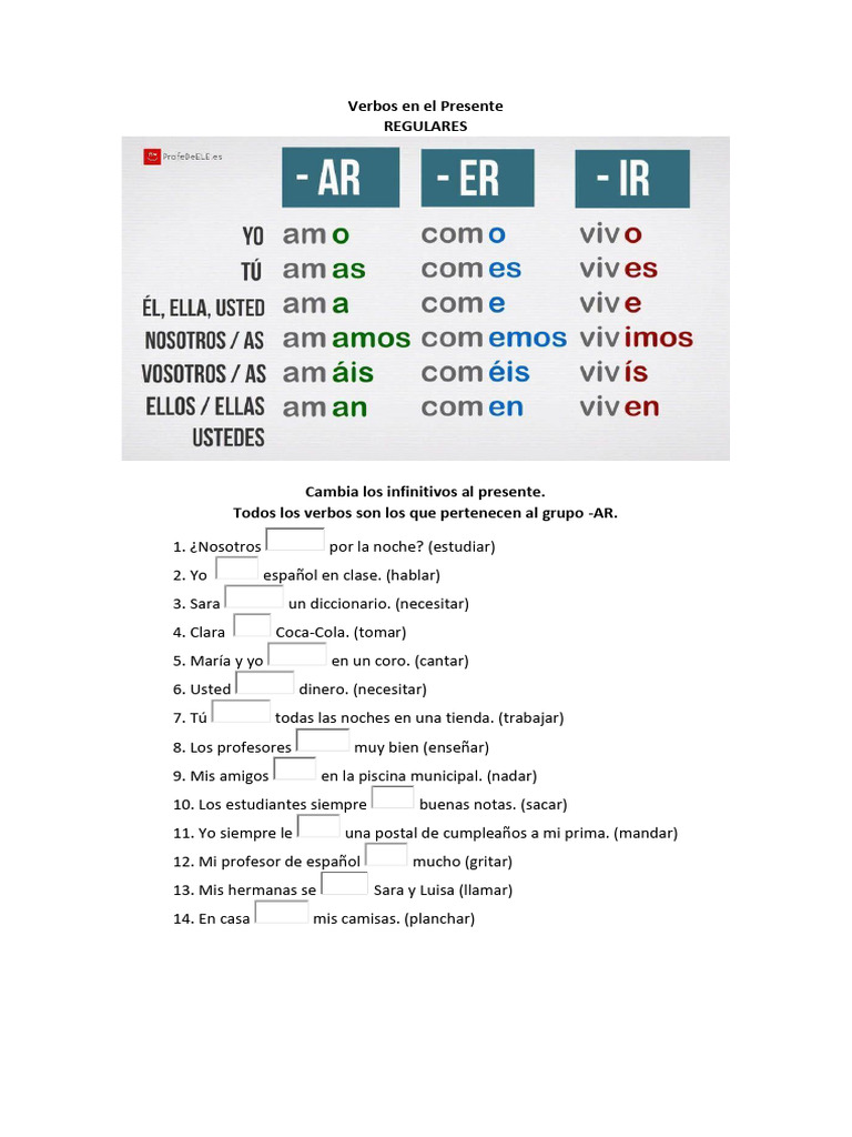 Ejercicios Presente Regulares | PDF
