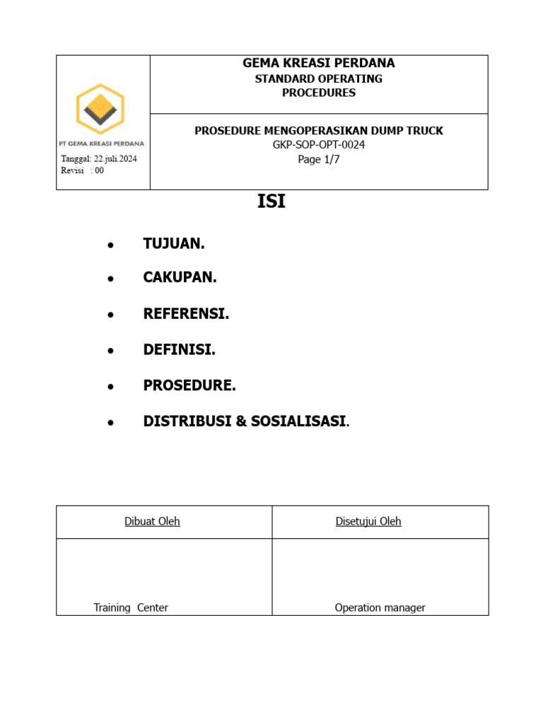 Sop Opt 0024 Mengoperasikan Dump Truck | PDF | Teknologi & Rekayasa