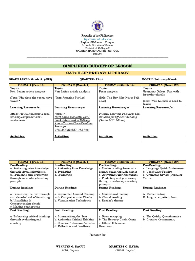 Catch Up Friday BOL Grade 8 | PDF | Reading Comprehension | Learning ...