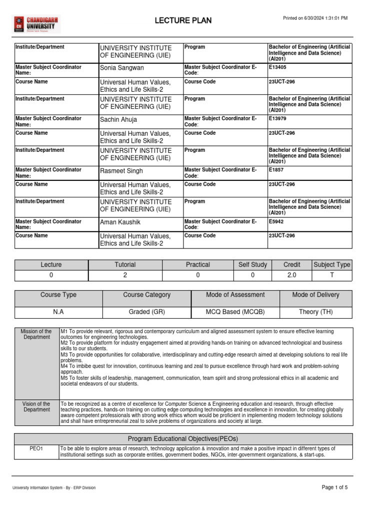 LecturePlan AI201 23UCT-296 | PDF | Artificial Intelligence | Intelligence (AI) & Semantics