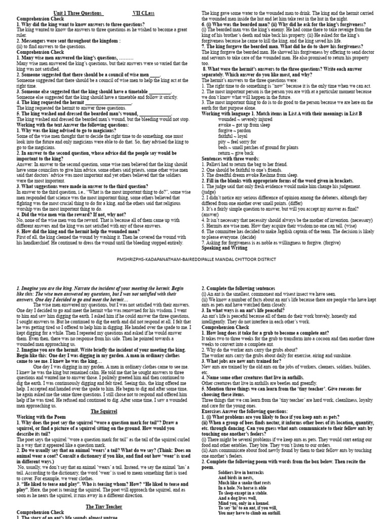 Class 7 Notes Unit 1 Three Questions Black | PDF | Language Arts ...