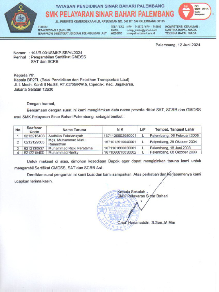 Surat Pengantar Pengambilan SAT SCRB GMDSS | PDF