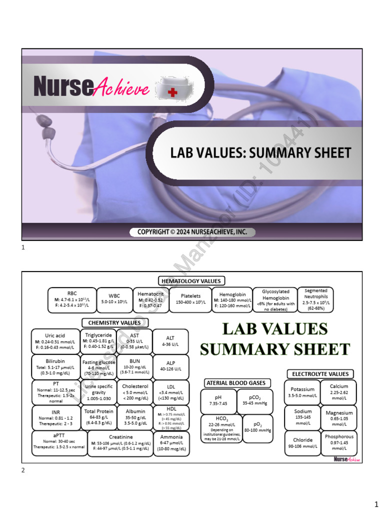 Lab Values - Summary Sheet | PDF | Tissue (Biology) | Vertebrates