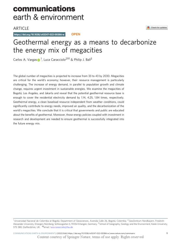 Vargas Et Al, 2022, Geothermal Energy As A Means To Decarbonize The Energy Mix of Megacities ...