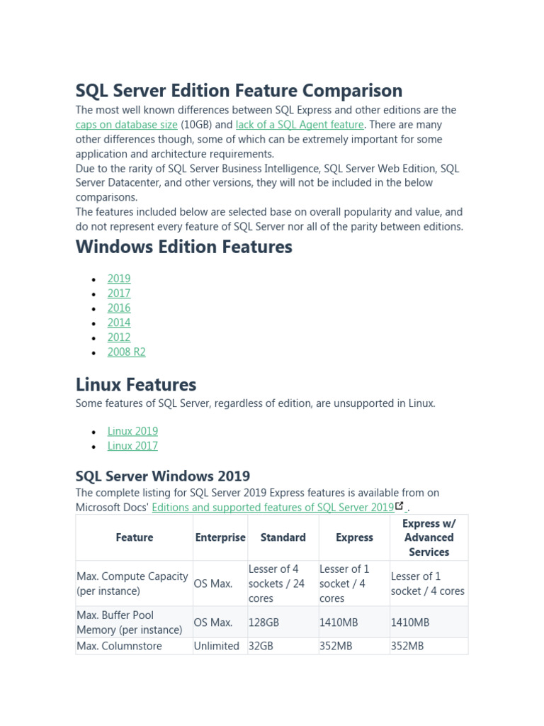 SQL Server Edition Feature Comparison | PDF | Microsoft Sql Server ... SQL Server Edition Feature Comparison | PDF | Microsoft Sql Server ...
