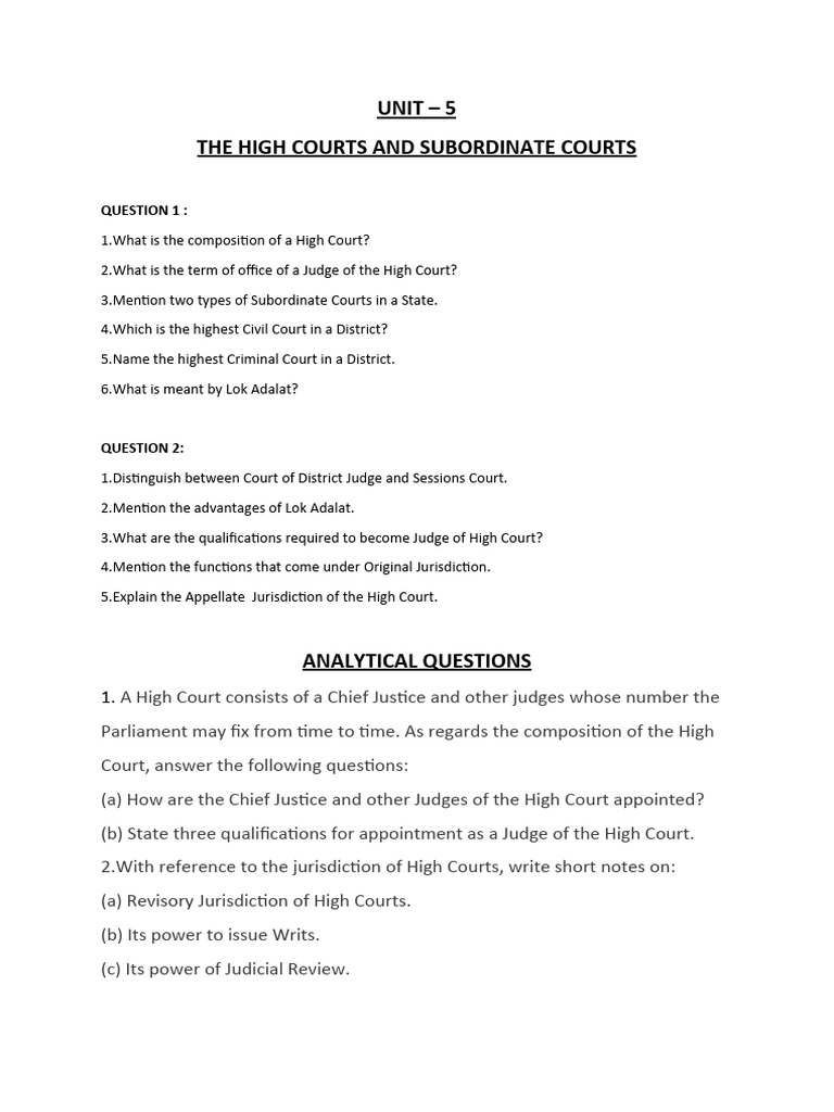 Civics Unit 5 - The High Courts and Sub Ordinate Courts | PDF | Judge ...