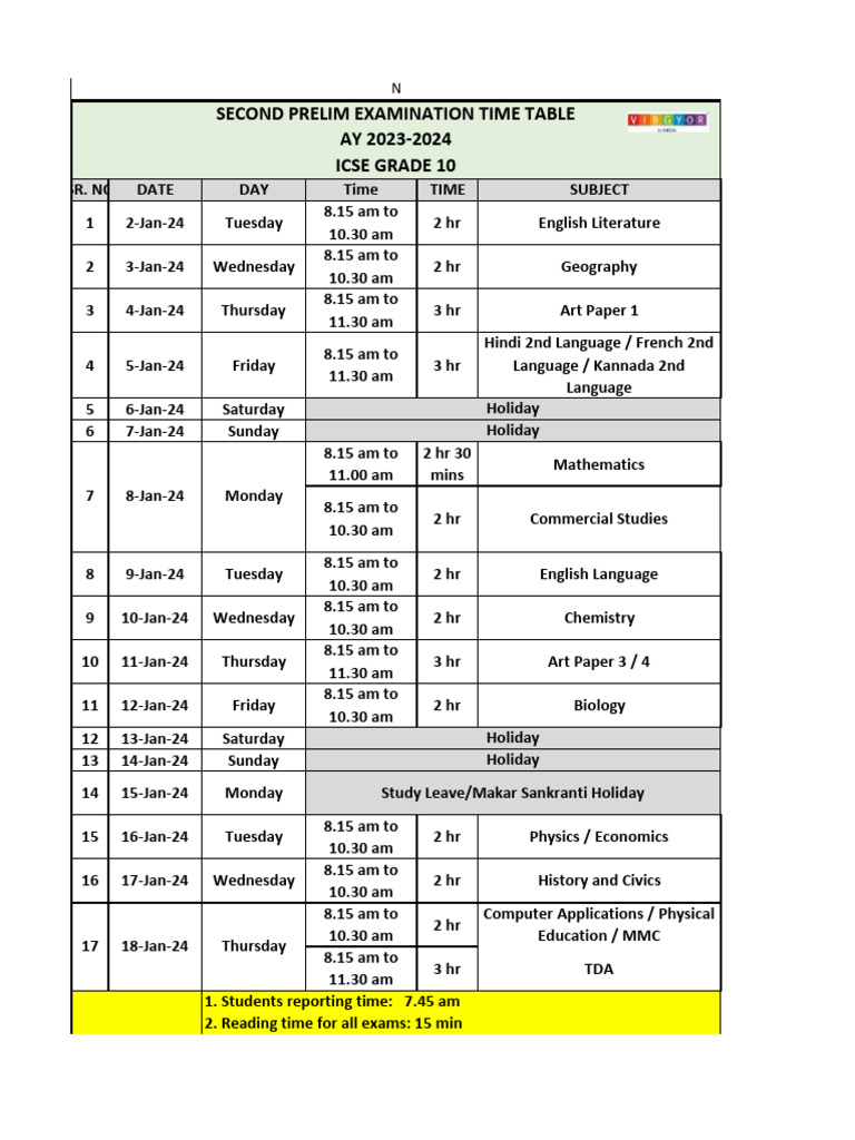 Annexure 1.a.1 Cisce Grade 10 Prelim 2 Time Table Ay 23 23 | PDF | Educational Stages