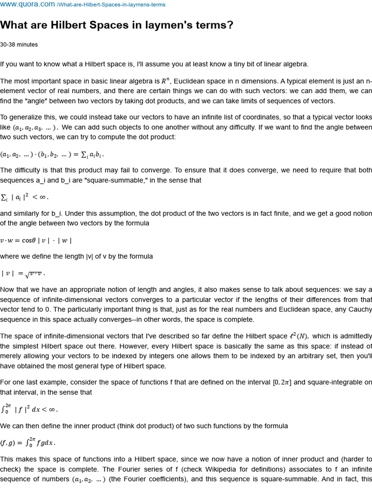 What Are Hilbert Spaces in Laymen's Terms - Quora | PDF | Hilbert Space ...