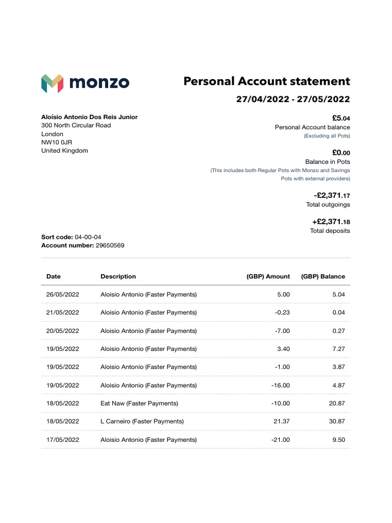 Monzo Bank Statement 2022 04 27-2022 05 27 8483 | PDF | Service ...