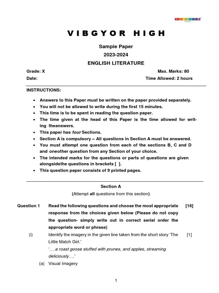 Revised CISCE_Gr 10_English Literature_Sample Paper | PDF | The ...