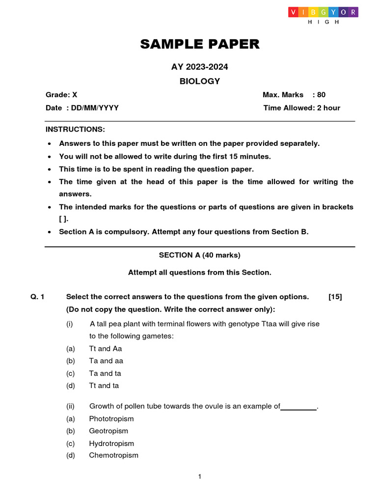Term 1 Grade 10 Sample Paper Biology | PDF | Biology | Cell Biology