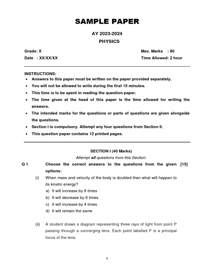 CISCE Grade 10 Physics Sample Paper 2023-24 | PDF | Light | Electrical Resistance And Conductance