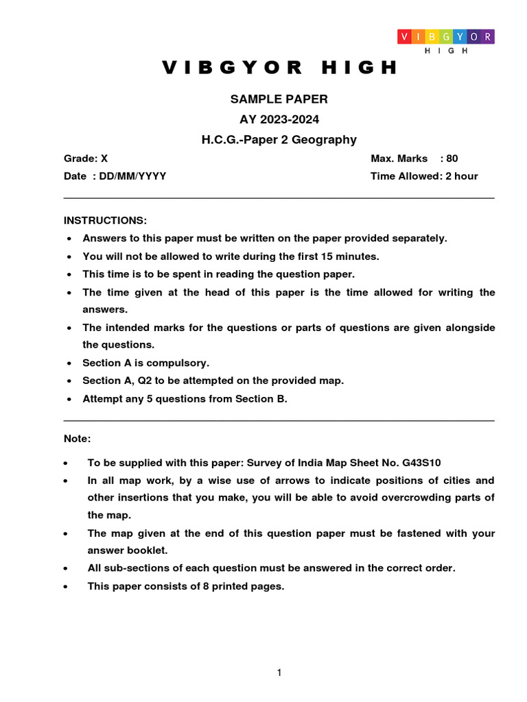 Gr10 Geography Sample Paper Ay2023-24 | PDF | Forests | South India