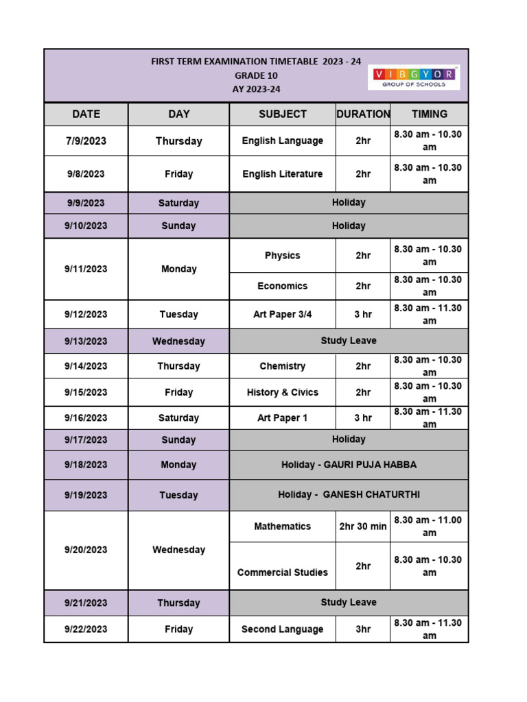 CISCE Grade 10 - Term 1 - Exam Timetable - AY 2023-24 ...