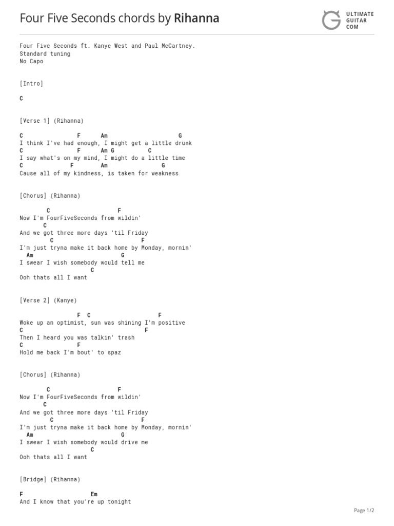 Four Five Seconds Chords by Rihannatabs | PDF | Rock Songs | Song ...