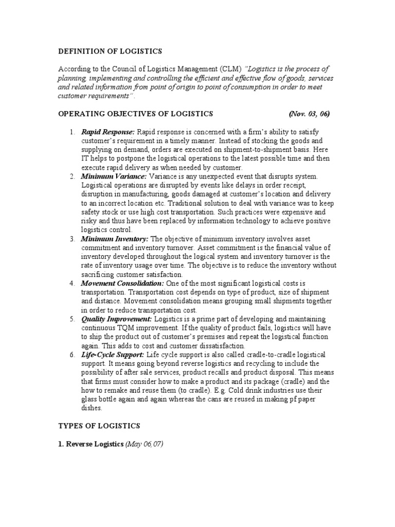 Definition of Logistics | PDF | Logistics | Inventory