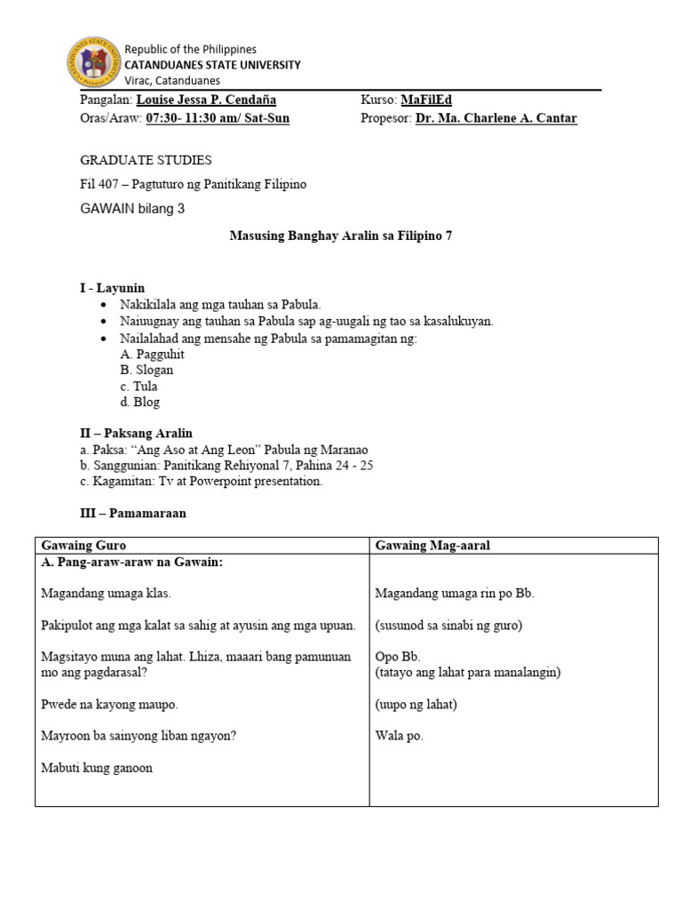 Masusing Banghay Aralin Sa Filipino 7 | PDF