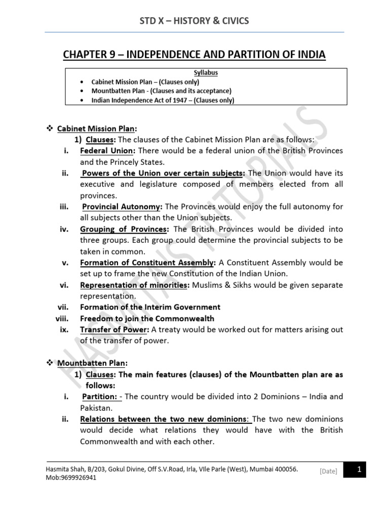 Chap 9 - Independence and Partition of India - Summary | PDF ...