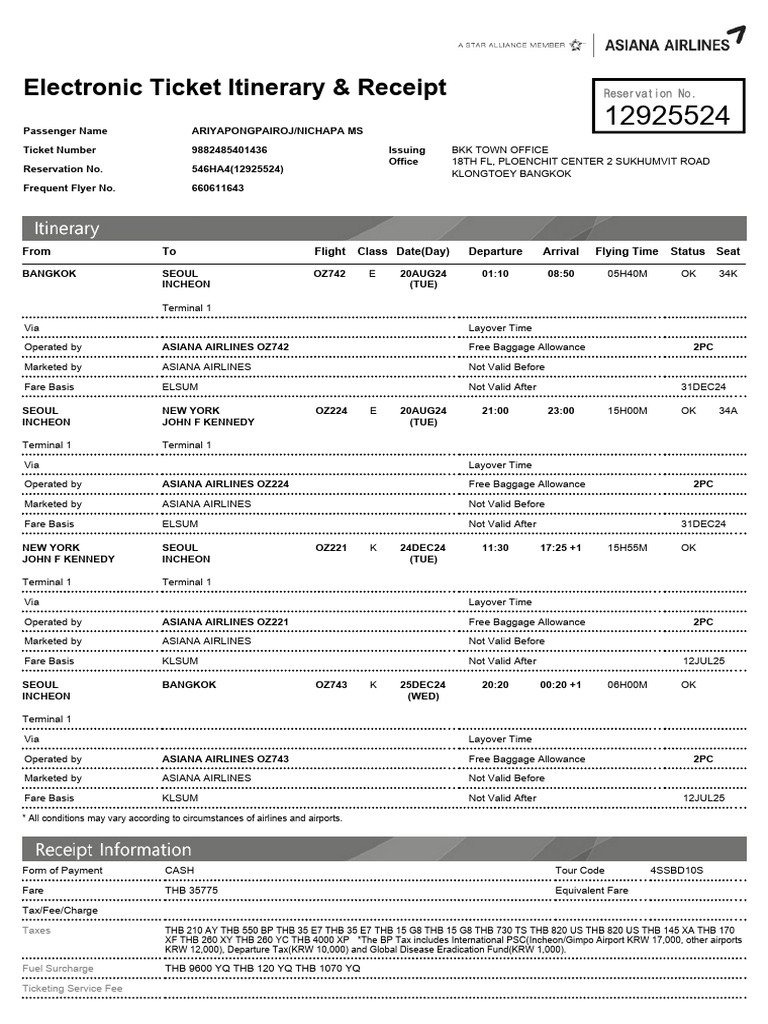 Electronic Ticket Itinerary & Receipt: From To Flight Class Date (Day ...