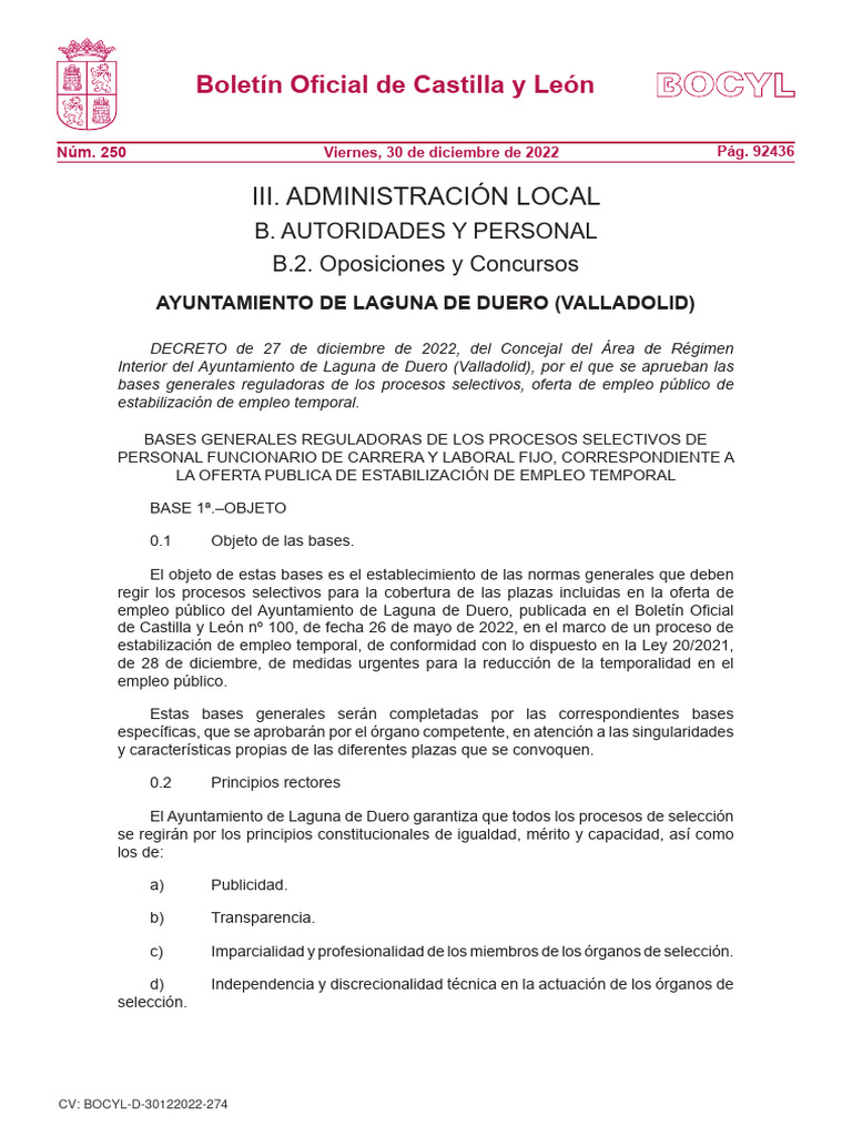 Bases Generales BOCYL 30 Diciembre 2022 | PDF | Gobierno
