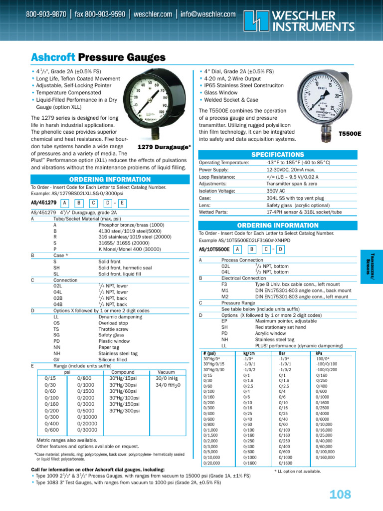 Pressure Gauges: Ashcroft | PDF | Vacuum Tube | Electrical Resistance And Conductance