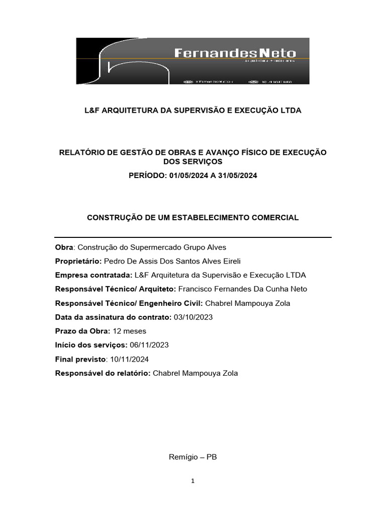 Relatorio Mensal - Maio - Remígio - Obra | PDF