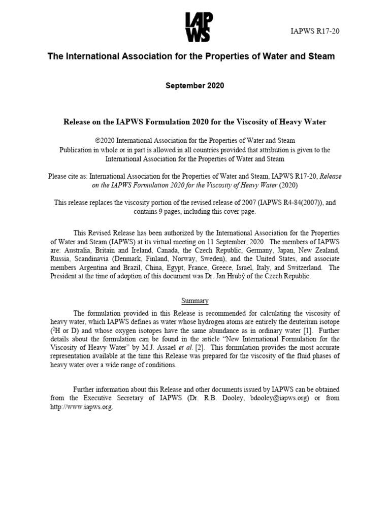 Release on the IAPWS Formulation 2020 for the Viscosity of Heavy Water ...