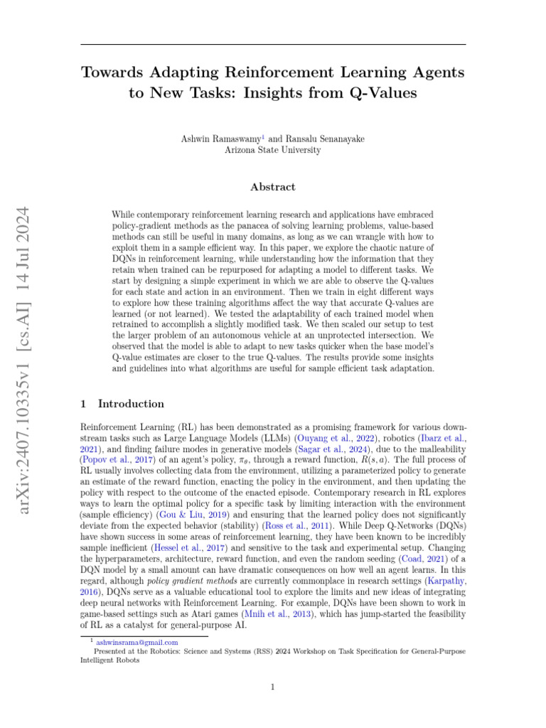 Towards Adapting Reinforcement Learning Agents To New Tasks: Insights From Q-Values | PDF ...
