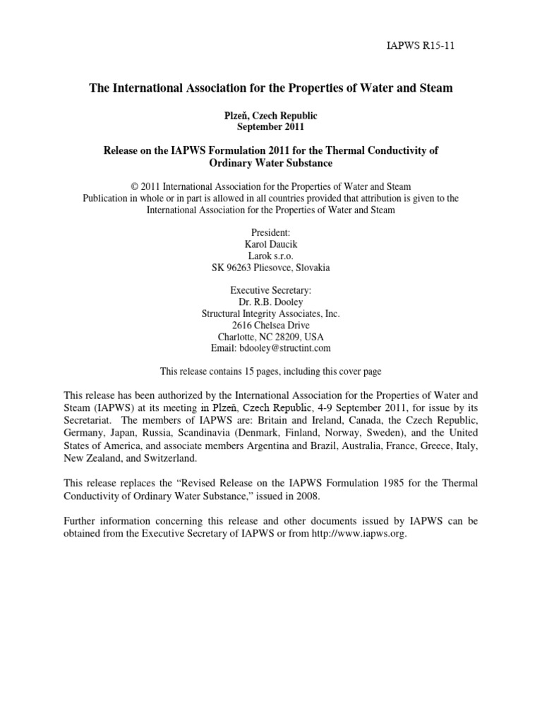Release On The IAPWS Formulation 2011 For The Thermal Conductivity of ...