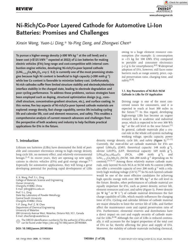 Advanced Energy Materials - 2020 - Wang - Ni Rich Co Poor Layered Cathode For Automotive Li Ion ...