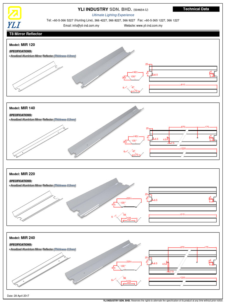 11 Data Sheet - T8 Reflector (MIR) - 02052017 | PDF | Mirror | Components