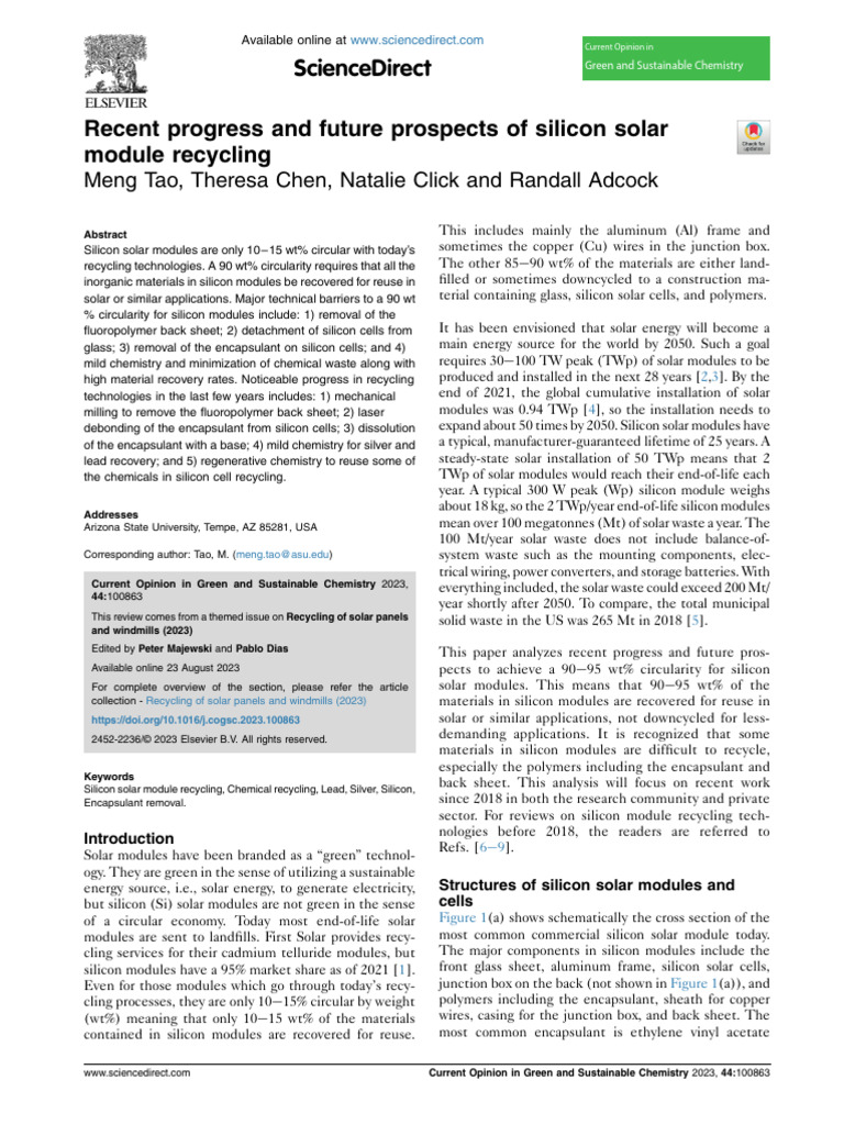 Recent progress and future prospects of silicon solar module recycling ...