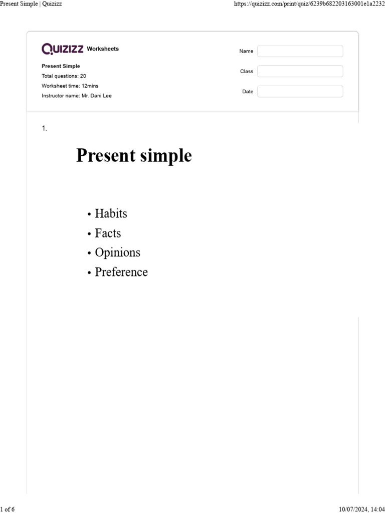 Present Simple _ Quizizz | PDF