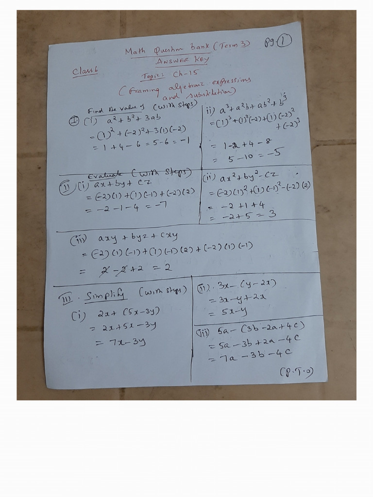 Class 6- ANSWER KEY- Revision Question Bank- Based on Chapter 15 | PDF