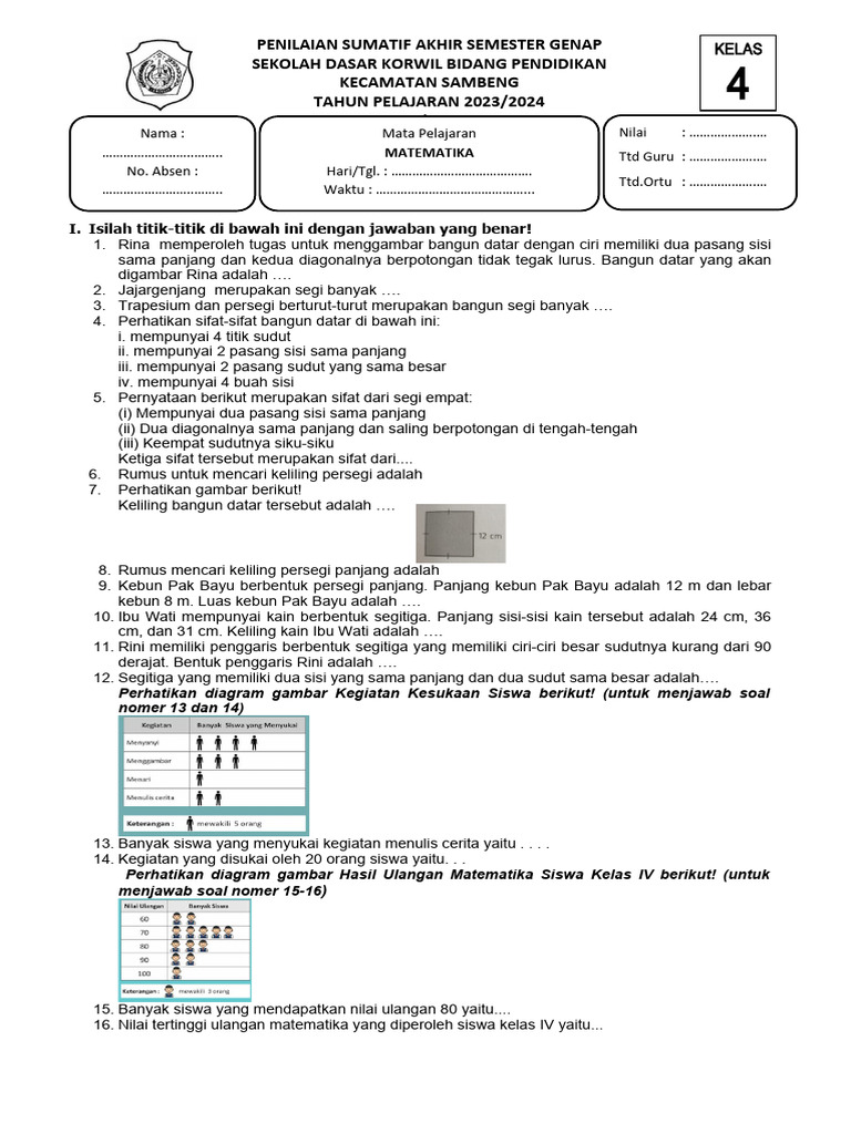Soal Sas Genap Matematika Kelas 4 2023-2024 | PDF