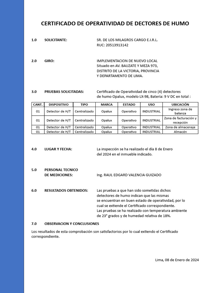 Certificado de Operatividad Opalux | PDF