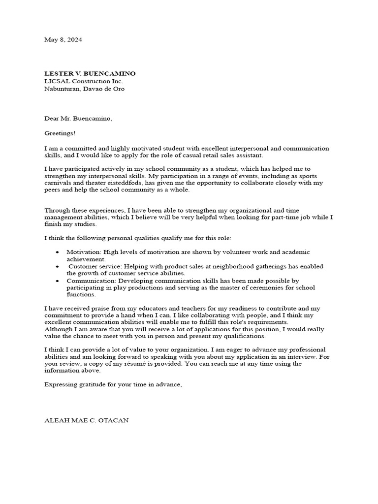 Aleah Application Letter | PDF