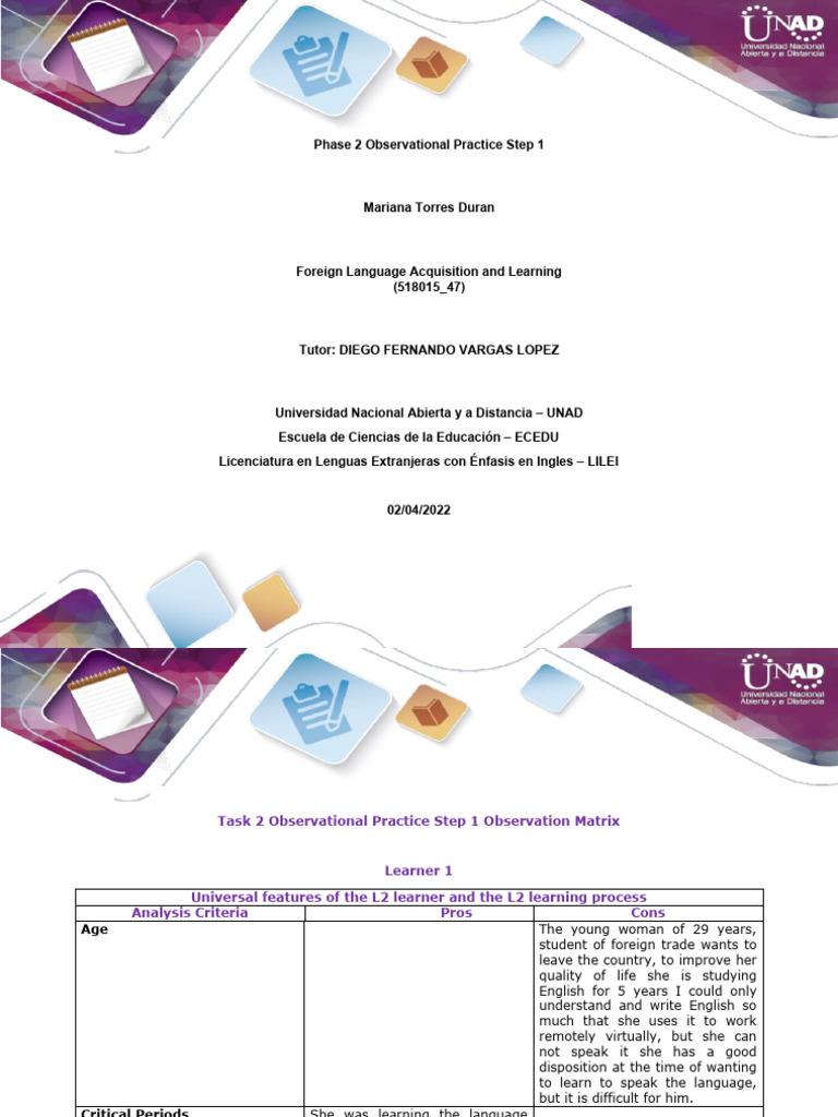 Phase 2 Observational Practice Step 1 Observation Matrix | PDF | Second ...