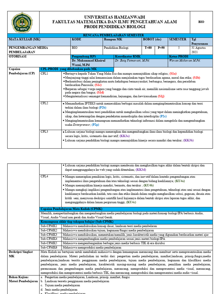 RPS Serdos - Pengembangan Media Pembelajaran | PDF
