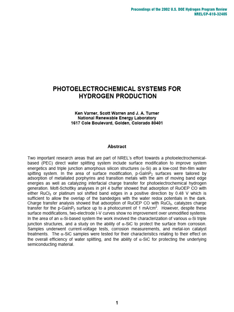 Photoelectrochemical Systems For Hydrogen Production | PDF | Band Gap ...