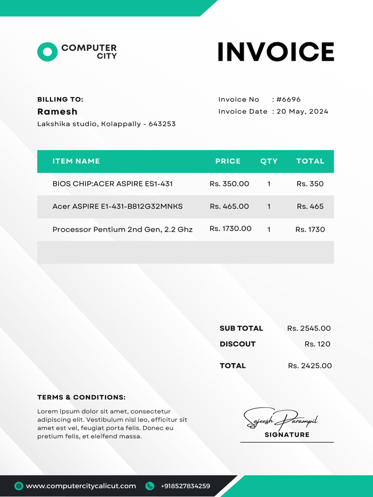 Invoice #6696 for Acer Laptop Purchase | PDF
