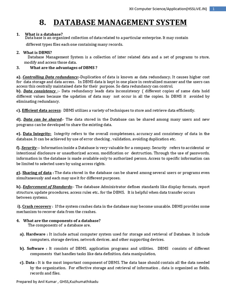 XII CS CA 8 Database Management System Hsslive | PDF | Databases | Relational Database