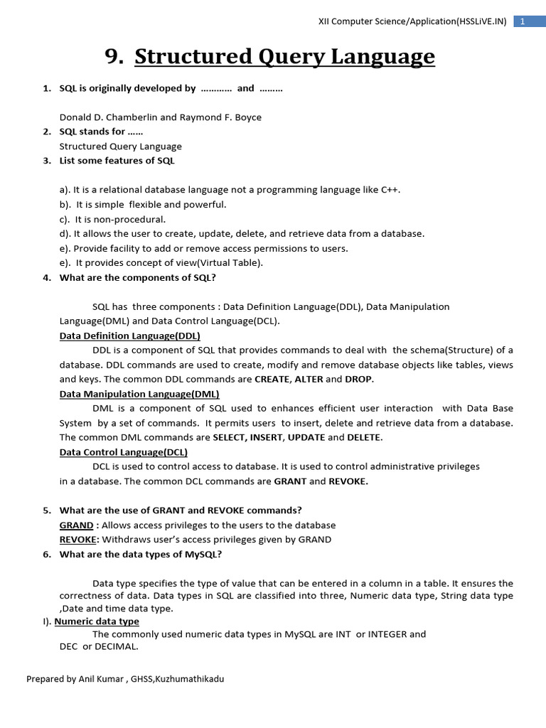 XII - CS - CA - 9 - Structured Query Language - Hsslive | PDF | Sql | Data Type