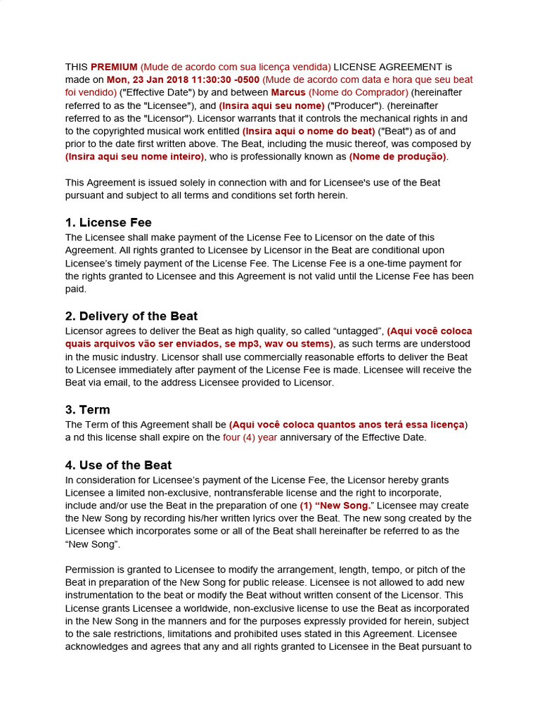 Modelo de Licença para venda de Beats | PDF | License | Breach Of Contract