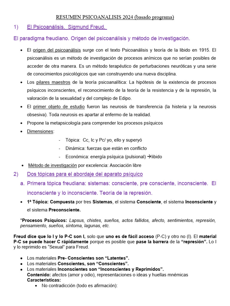 Resumen Psicoanalisis 2024 | PDF | Psicoanálisis | Mente inconsciente