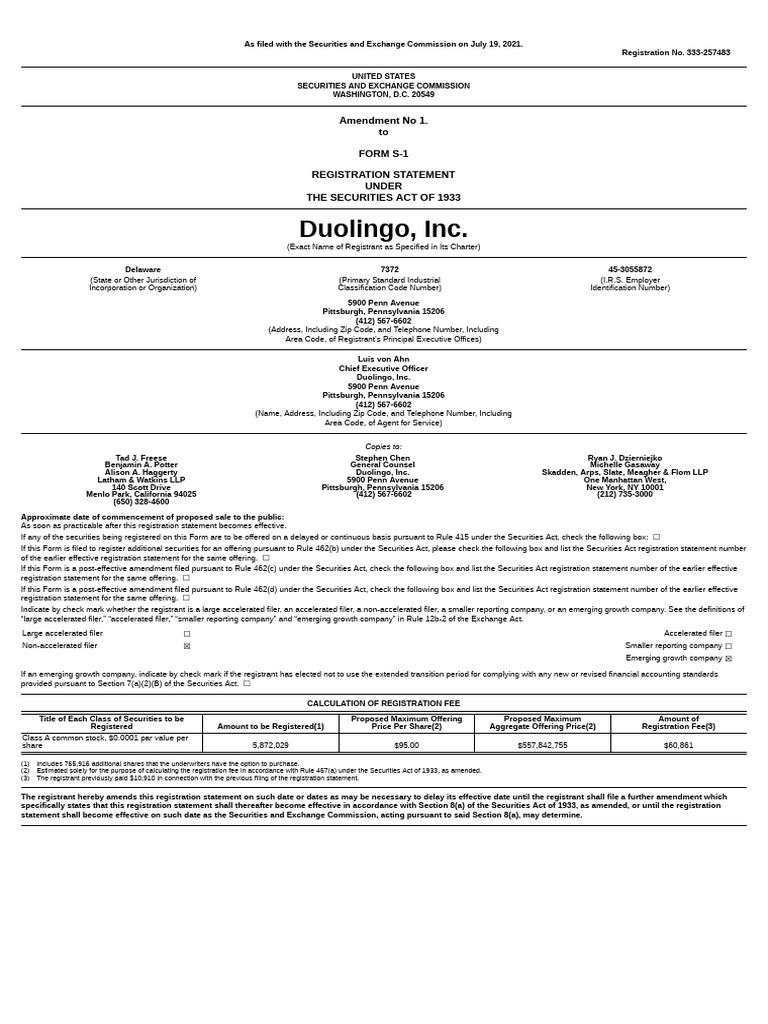 Duolingo, Inc.: Amendment No 1. To Form S-1 Registration Statement ...