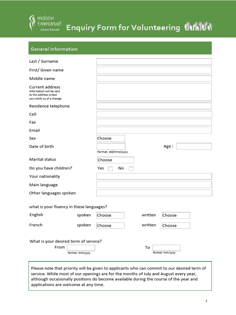 Volunteering Enquiry Form for Maison Emmanuel | PDF | Travel Visa ...